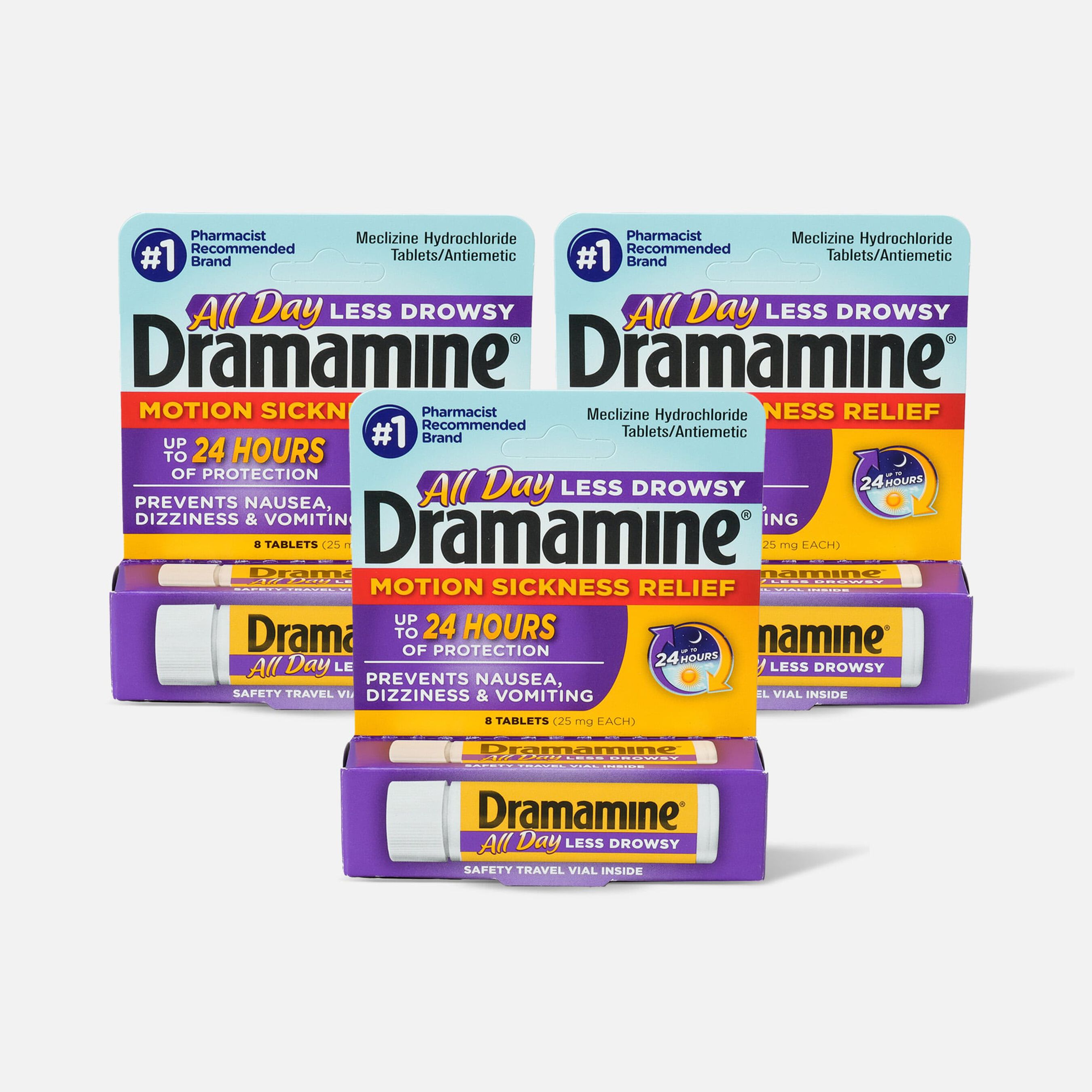 HSA Eligible | Dramamine Motion Sickness Relief Tablets, Less Drowsy Formula, 8 ct. (3-Pack)