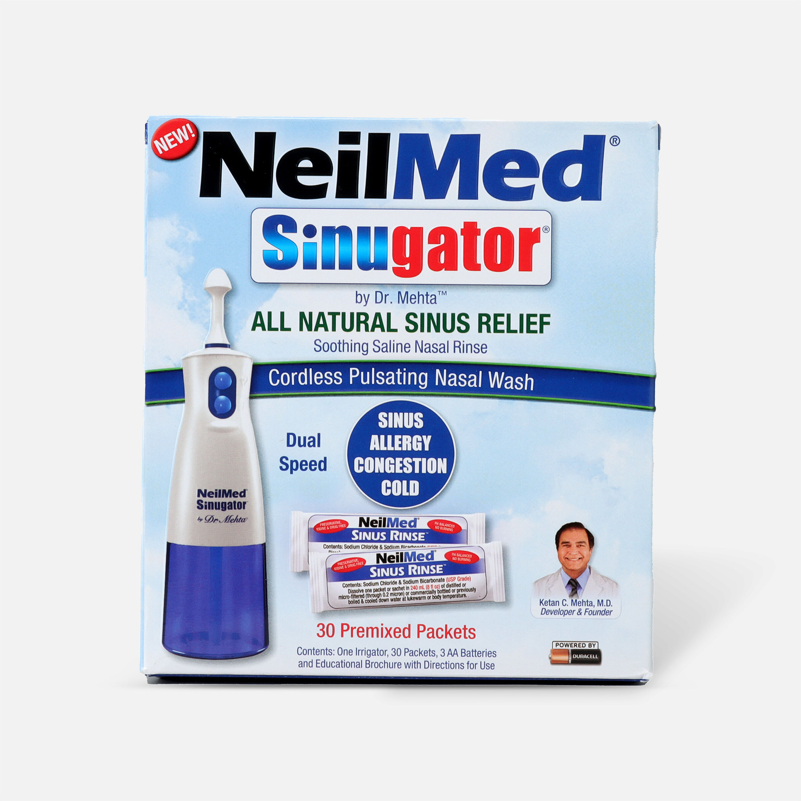 NeilMed Sinugator Cordless Pulsating Nasal Wash with 30 Premixed ...