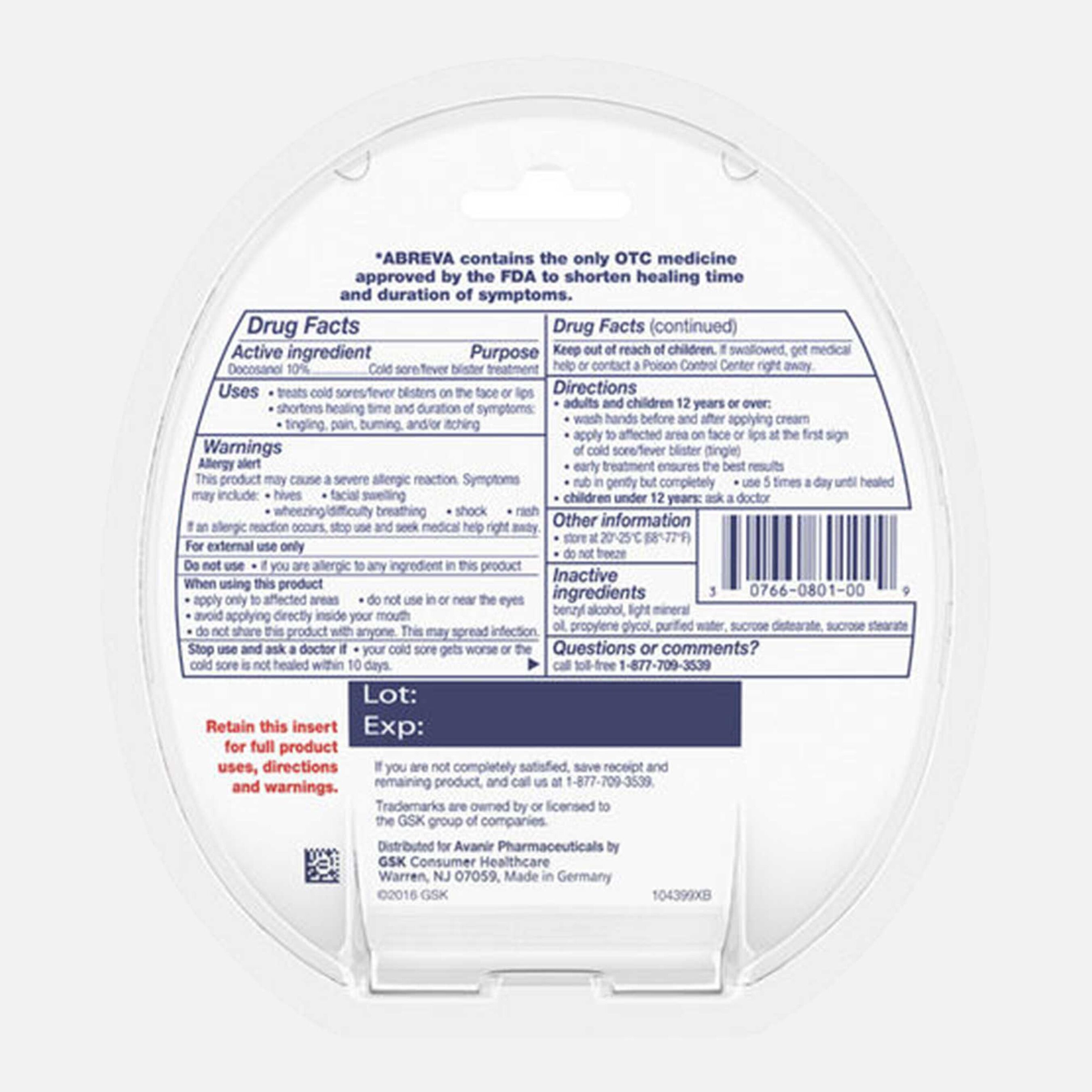 HSA Eligible Abreva, Docosanol 10% Cream Tube, Treatment for Cold Sore ...